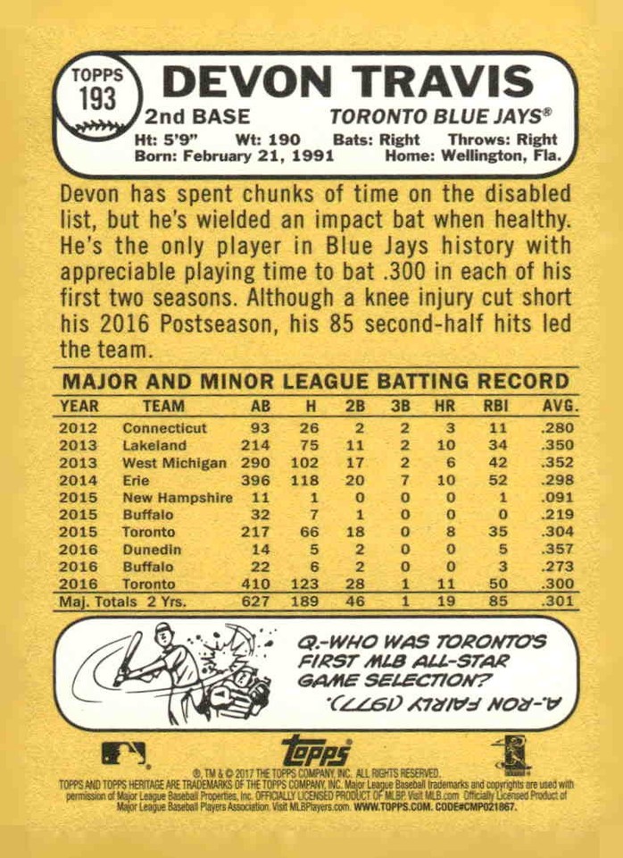 2017 Topps Heritage #193 Devon Travis | eBay