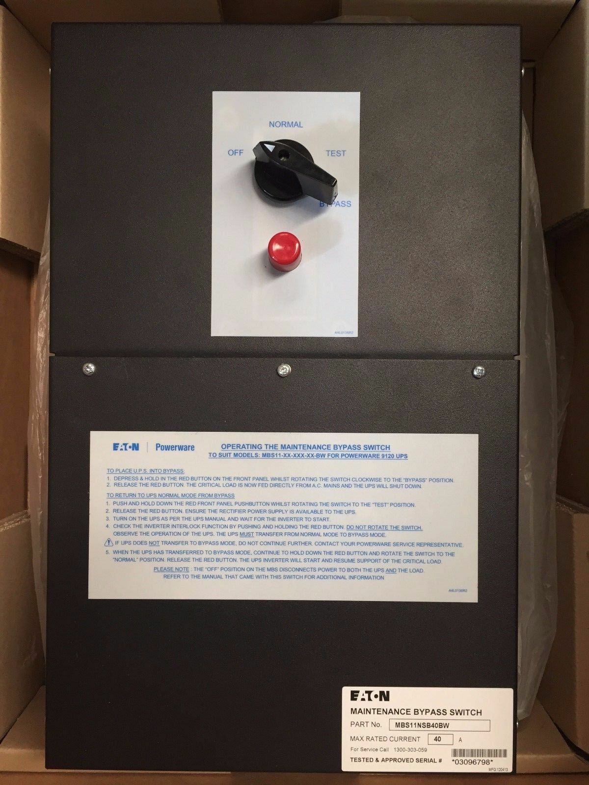 Eaton MBS11NSB40BW UPS Wraparound Maintenance Bypass Switch 40A 1-1PH ...