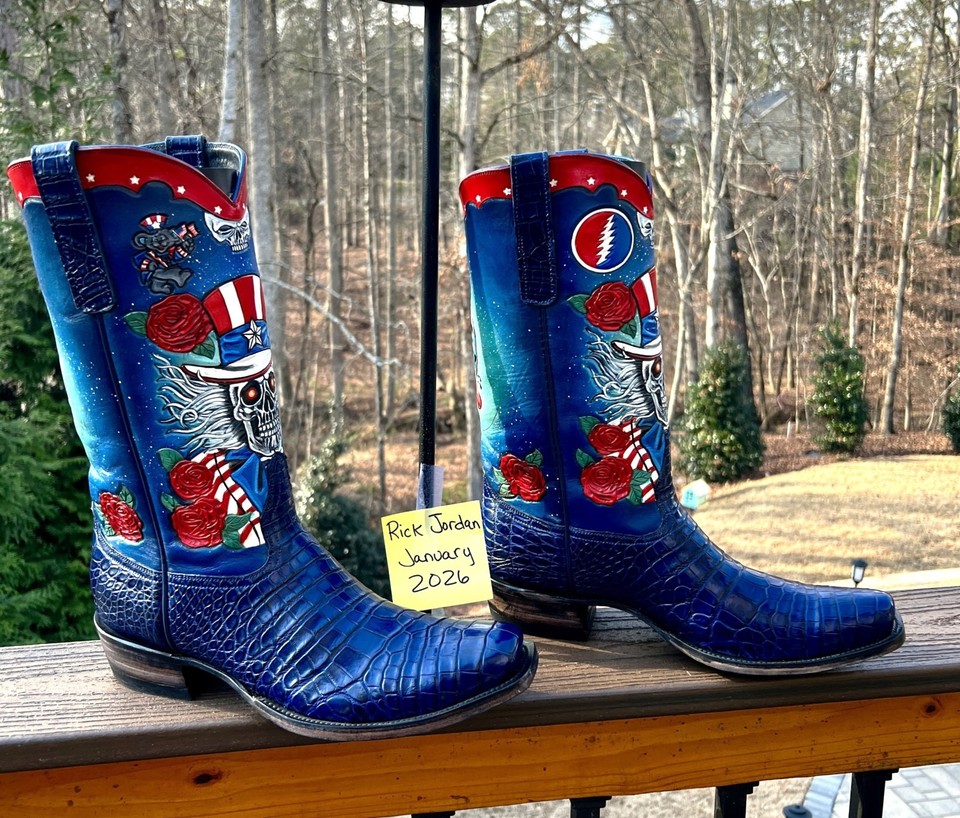 Navy-Blue Nile Croc. Belly Cowboy Boots w/Grateful Dead Hand Tooled ...