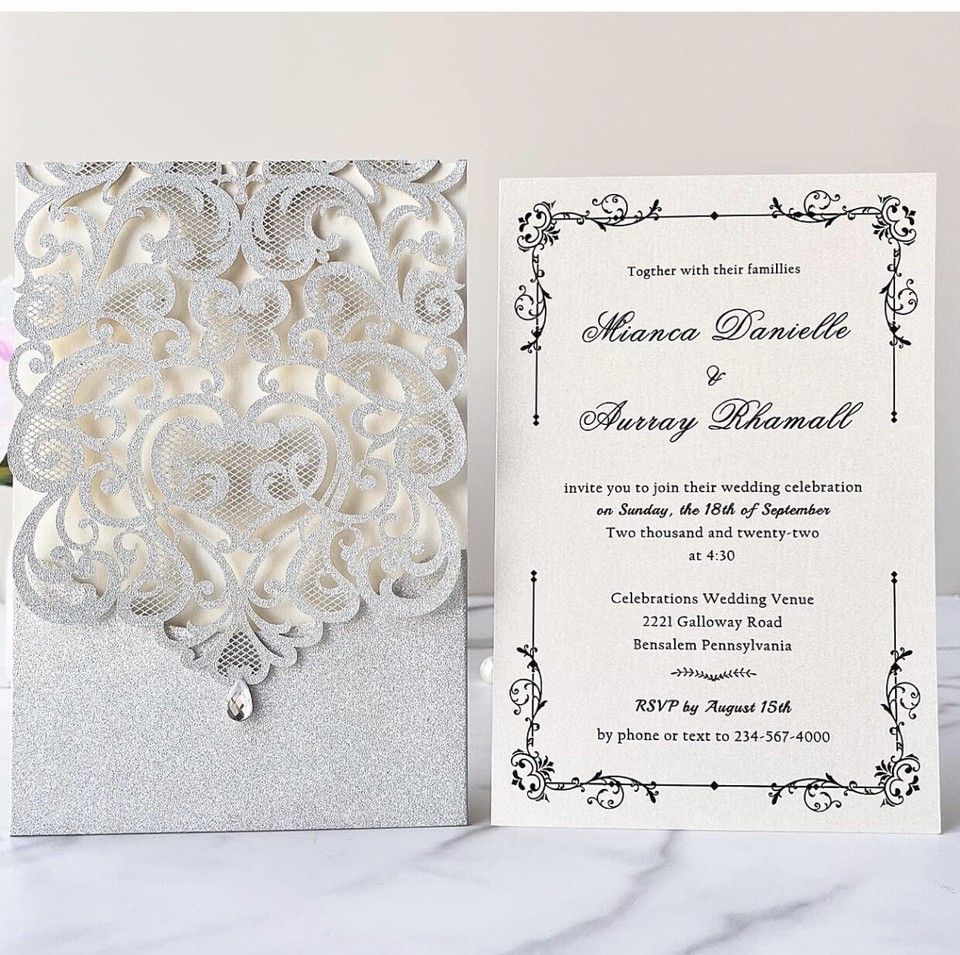 5.1 x 7.3 Inch 50PCS Silver Glitter Wedding Invitation Cards with ...