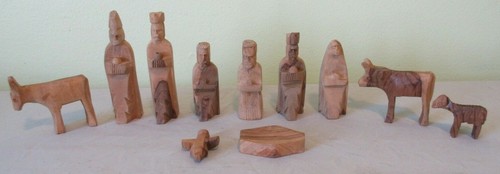 Set Hand Carved Wood Primitive Folk Art Miniature Nativity Figurines 11 ...