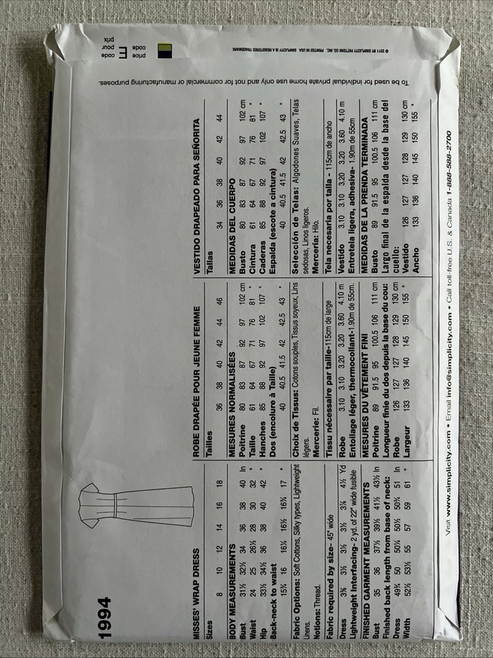 Simplicity - Sewing Pattern - 1994 - Misses’ Wrap Dress - Sizes 8 to 18 ...