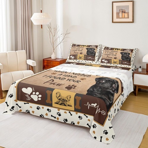 Cute Pug Dog Sheet Set King Size,Kids Teens Dog Paw Print and Bones ...