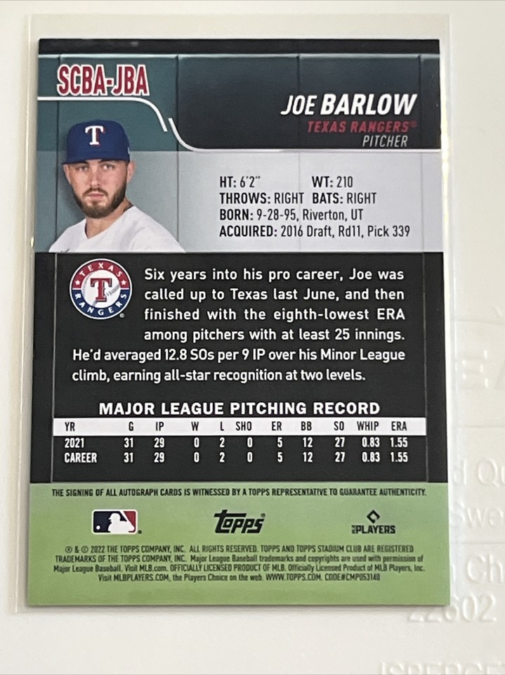 2022 Topps Stadium Club Joe Barlow- #SCBA-JBA Texas Rangers RC Rookie ...