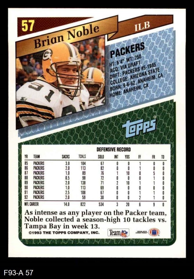 1993 Topps #57 Brian Noble Packers Arizona St 8 - NM/MT | eBay