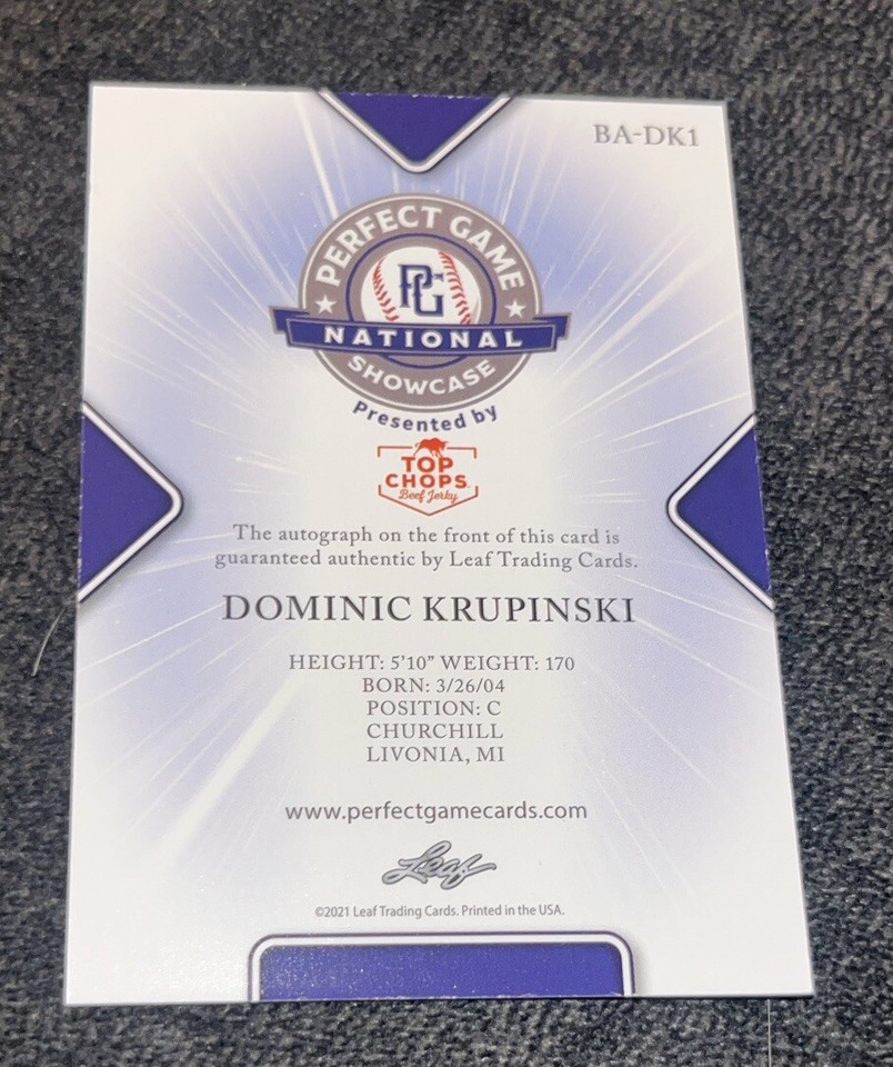 2021 LEAF PERFECT GAME DOMINIC KRUPINSKI BA-DK1 BLACK PARALLEL AUTO #4/ ...