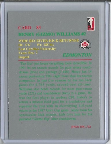 1992 Jogo CFL #83 Henry Gizmo Williams Edmonton Eskimos - East Carolina ...