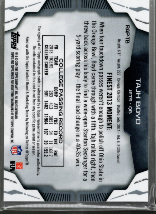 A9367 2014 Finest Rookie Patch Autographs Refractors RAPTB Tajh Boyd ...
