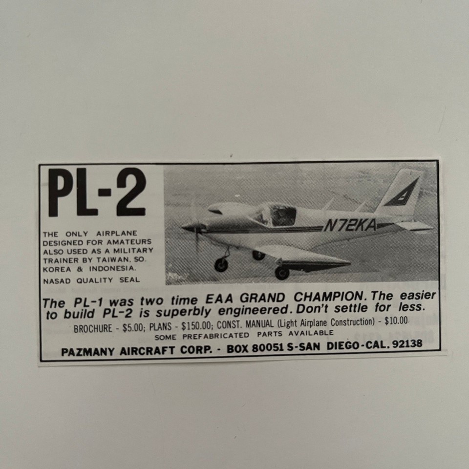 Pazmany Aircraft Corp. PL-2 San Diego CA 1979 Sport Aviation Clipping ...