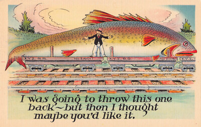 Vintage ORIGINAL Funny Humor Exaggerated Comedy Fishing Linen Postcard ...
