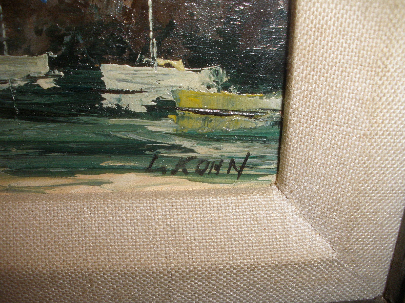 Vintage oil painting by L Kohn mountains boats harbor town | eBay