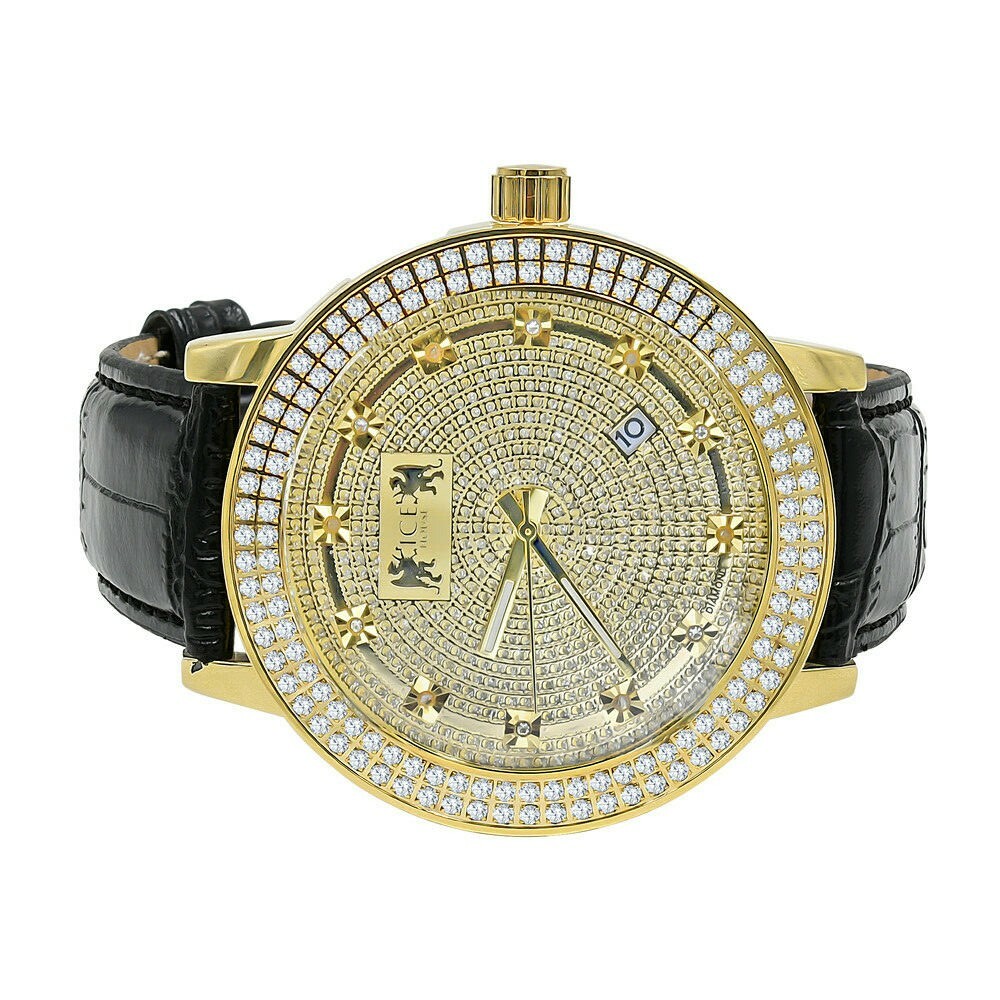 Real Diamond 2 Row Steel Bezel Gold Finish Leather Strap Band Khronos ...
