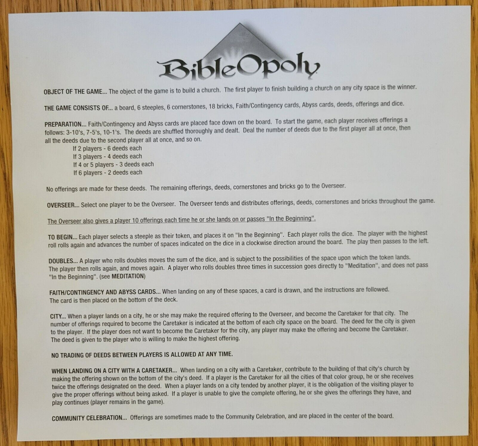 BibleOpoly Family Boardgame Monopoly Style Judeo Christian Religion ...