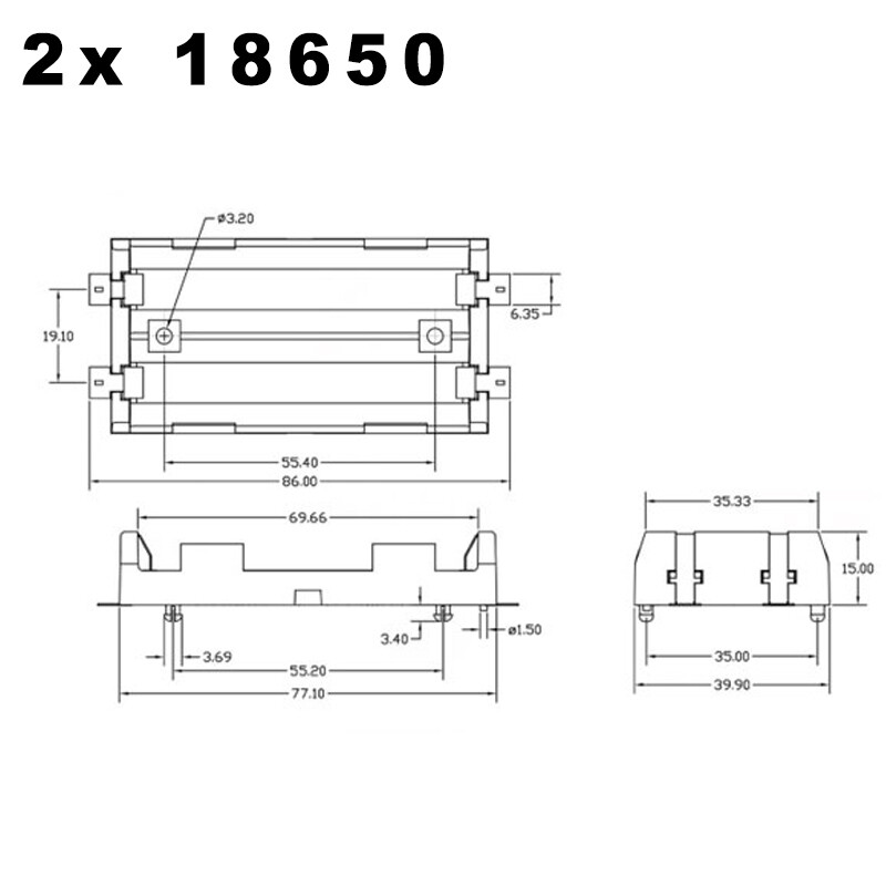 1 2 Cell 18650/26650 SMD SMT Open Battery Holder Case Storage Box Gold ...