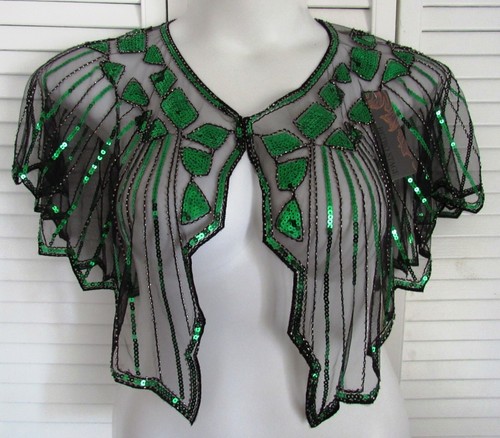 RETRO STAGE SHEER BLACK CAPE VIBRANT GREEN SPARKLING SEQUINS ONE SIZE ...
