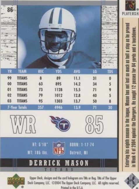 2004 Upper Deck NFL Legends Derrick Mason #86 for sale | eBay