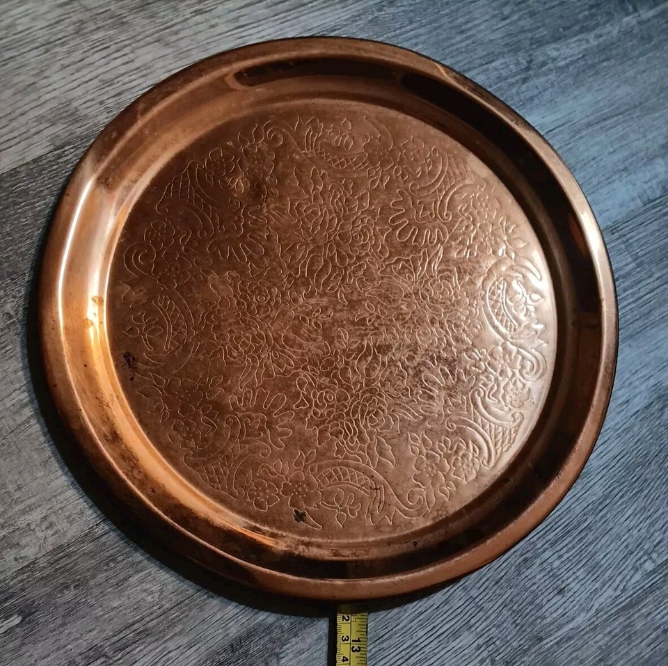 12-1/8" Round VTG Princess House Etched Copper Serving Tray Floral ...