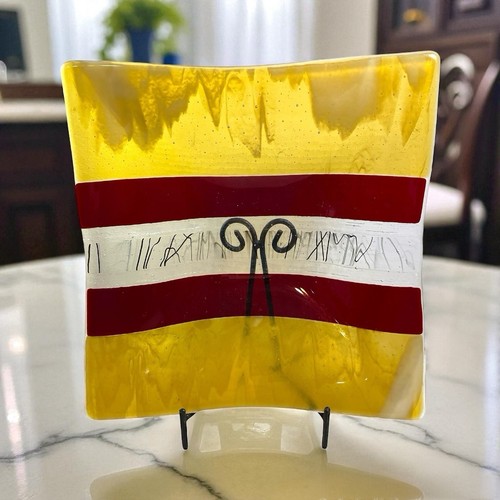 KMW Glass Art Signed Fused Glass Platter with Wrought Iron Stand - 2012 ...