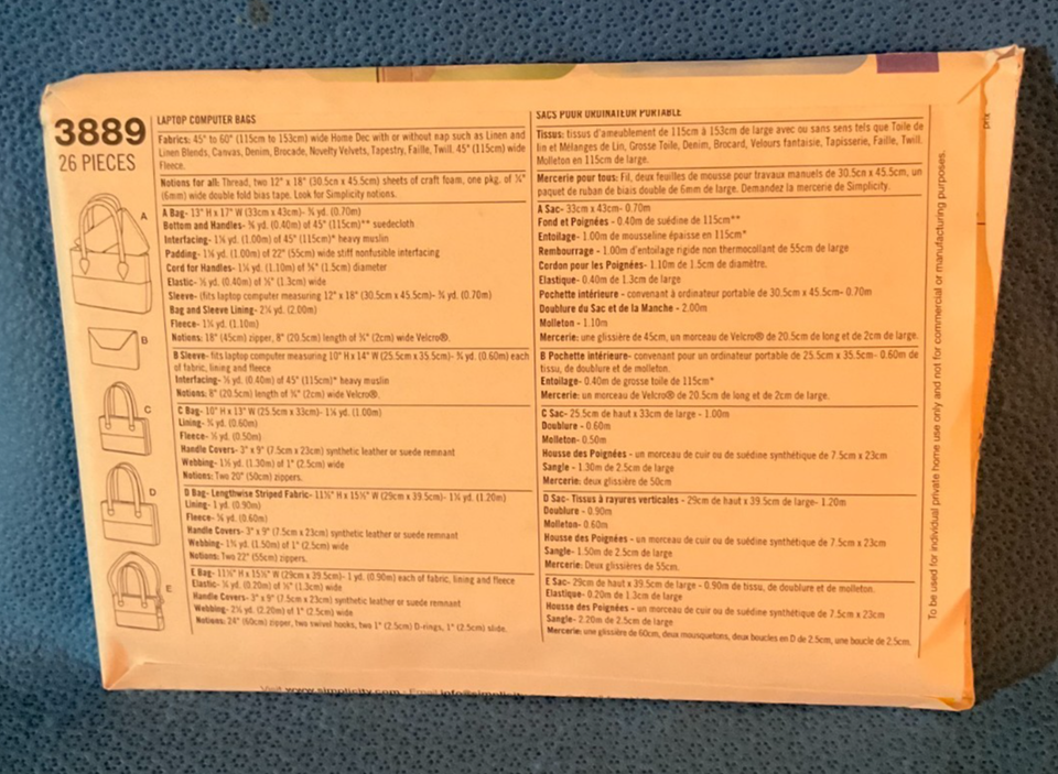 Simplicity Pattern Lap Top Computer Bags Size 3889 MAP | eBay