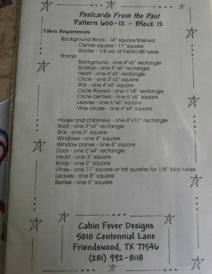 Cabin Fever Design POSTCARDS FROM the PAST 14" Mini Quilt or Block 7 ...