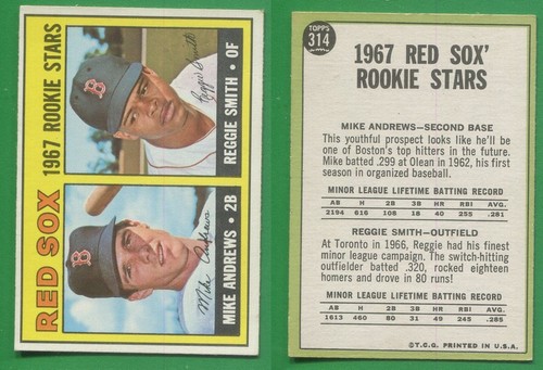 1967 Topps Baseball ~~~ JRED SOX ROOKIE STARS ~~~ No. 314 ~~~ Free S/H ...