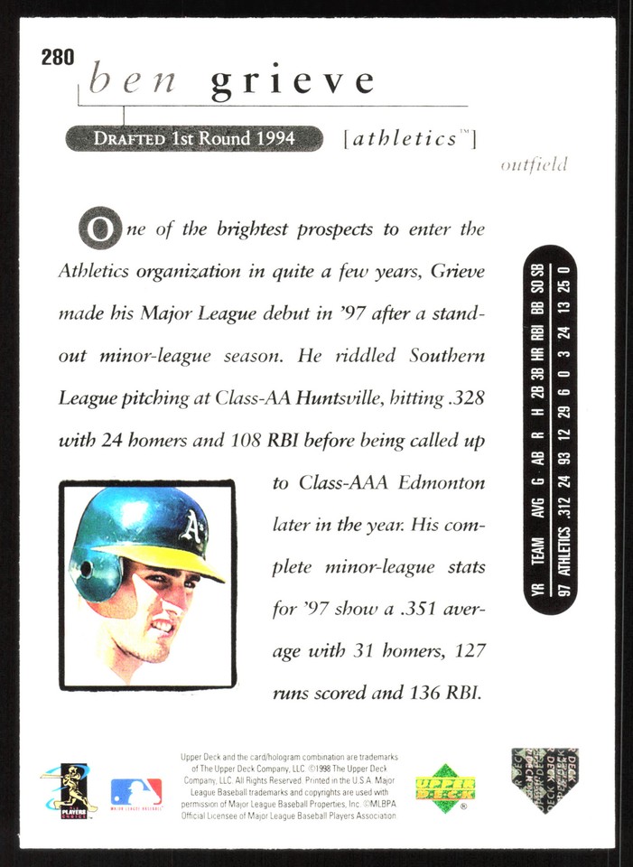 1998 Upper Deck Ben Grieve #280 Oakland Athletics SR Baseball Card | eBay
