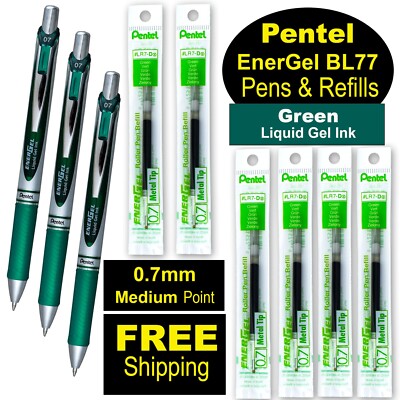 Pentel EnerGel RTX Green Liquid Gel Ink, 0.7mm, 3 Pens with 6 Packs of ...