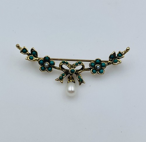 Vintage 14k Yellow Gold Blue Turquoise Flower Pearl Dangle Pin | eBay