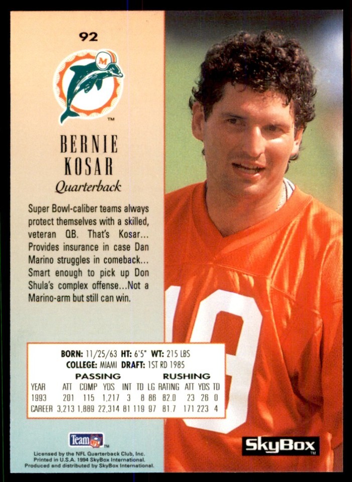 1994 Skybox. Bernie Kosar Miami Dolphins #92 | eBay