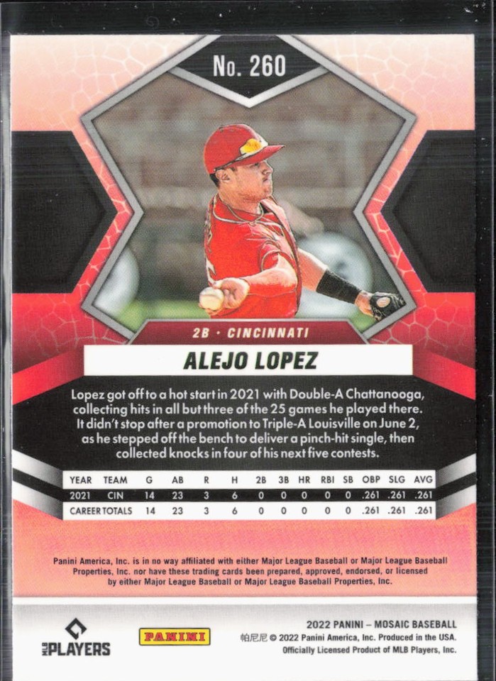 2022 Panini Mosaic #260 Alejo Lopez Rookie Cincinnati Reds RC | eBay