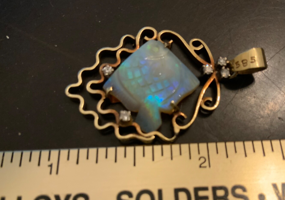 14k gold fire opal fish shape carving genuine white Diamond pendant ...