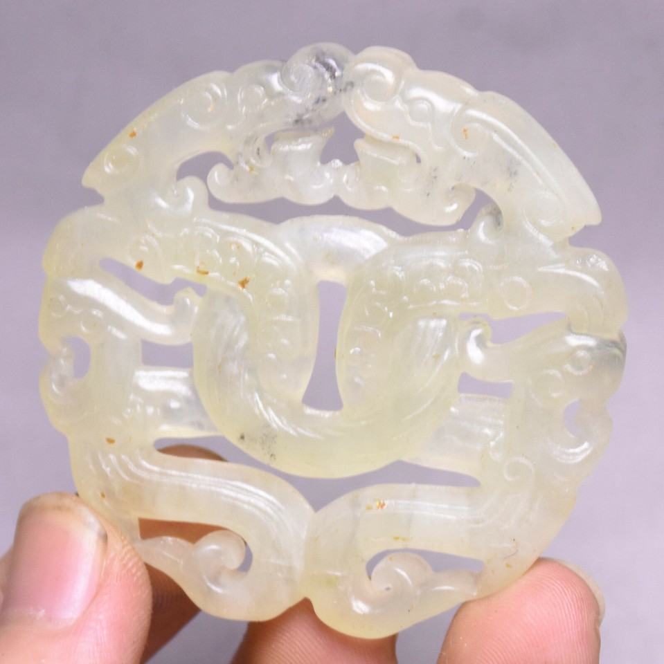 5cm Rare China Old Jade Carving Dynasty 2 Dragon Phoenix Yu Bi Yubi ...