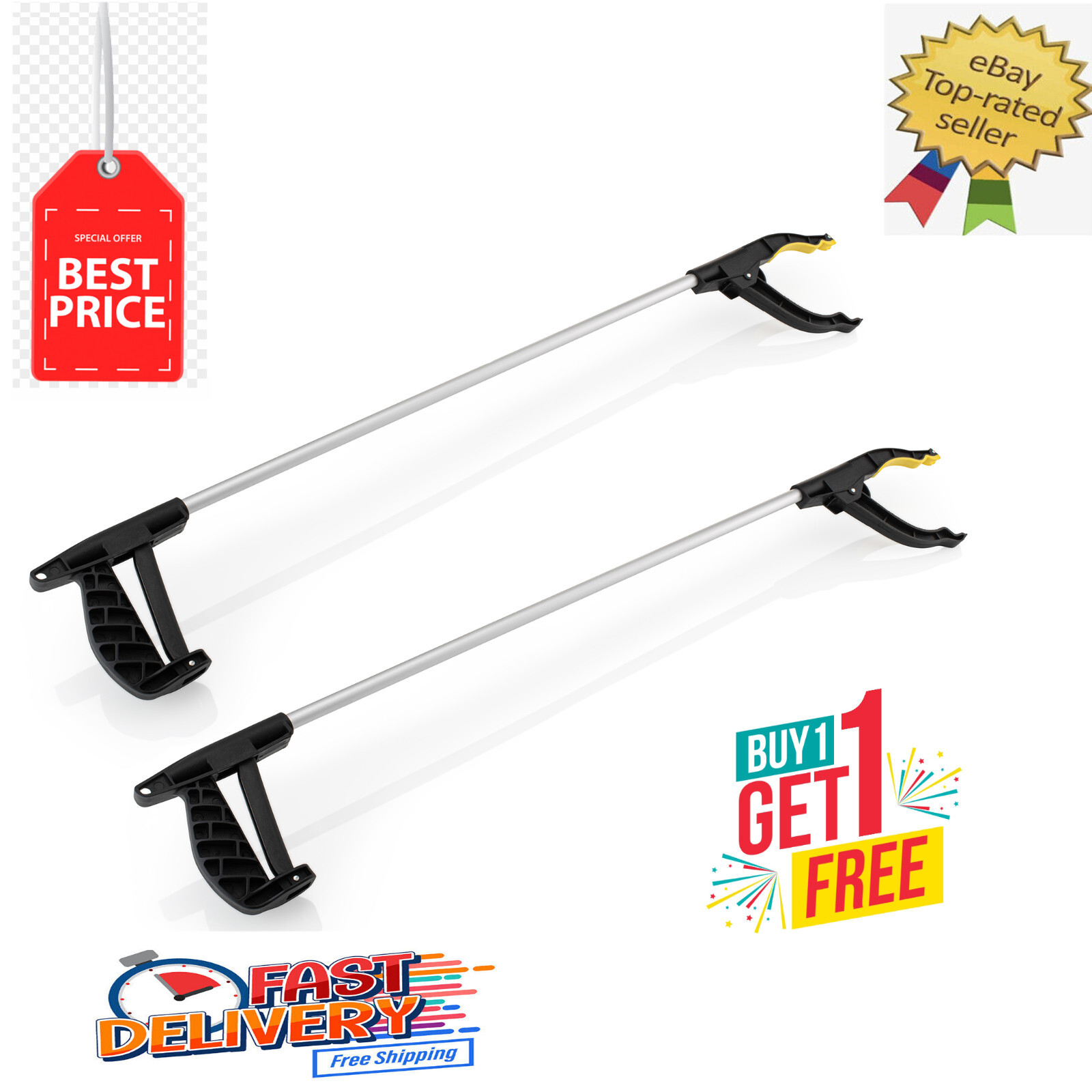2 X LONG REACH 75cm GRABBER REACHER LITTER PICKER HELPING HAND HELD ...