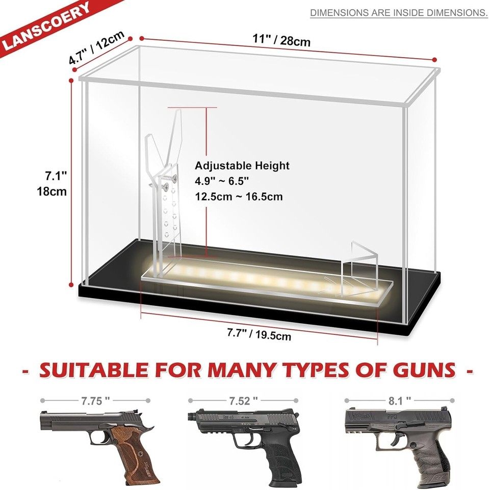 Gun Display Case Acrylic 11" LED Light Handgun Pistol Revolver Stand ...