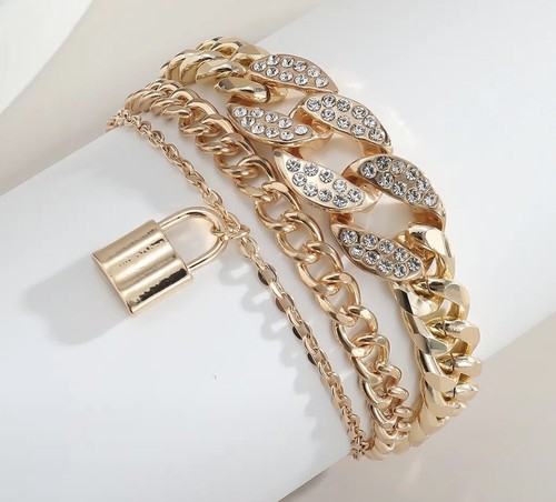Chain Bracelets with Lock Gold Finish and Rhinestones - New | eBay
