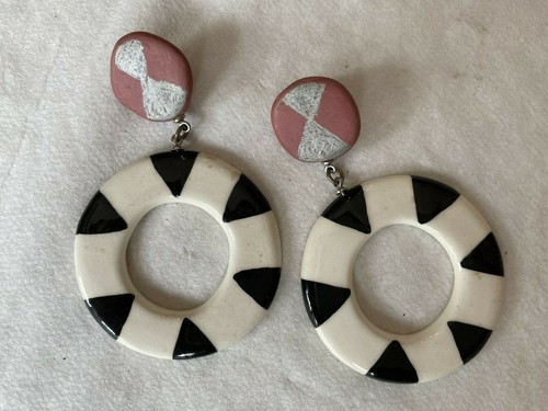 Vintage 80s Izwin Chicago ceramic dangle earrings New Wave circular ...