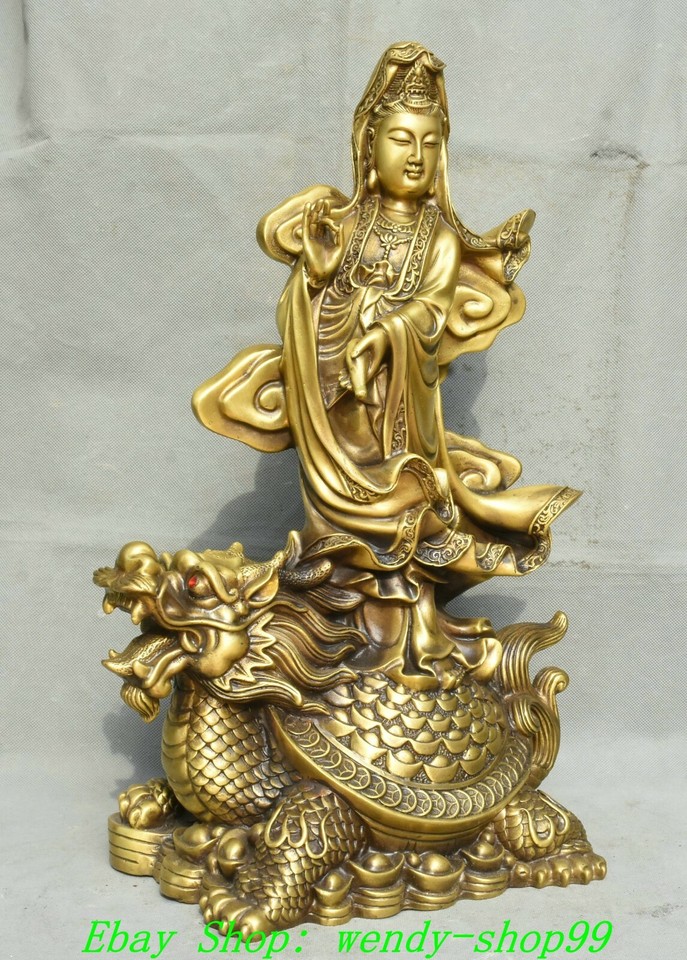 19" Old Chinese Brass Copper Wealth Dragon Turtle GuanYin Goddess ...