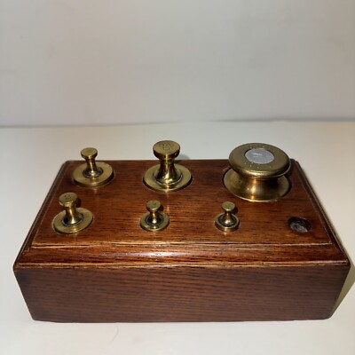 Antique Brass Weights in Wooden Block Measuring Scale Set. | eBay