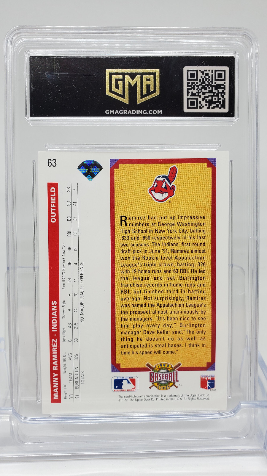 1992 Upper Deck Manny Ramirez Rookie # 63 GMA MINT 9 Cleveland Indians ...