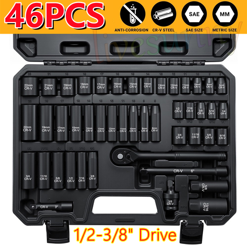 57PCS DEEP & SHALLOW IMPACT SOCKET RATCHET Set 1/2-3/8" Drive 6-22mm 6 ...