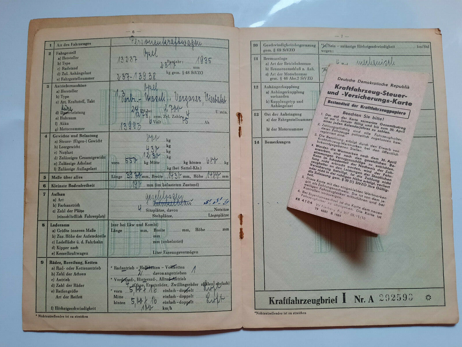 Kraftfahrzeugbrief Kfz Brief Vorkrieg DDR Opel 1,3 Liter Olympia 13237 ...