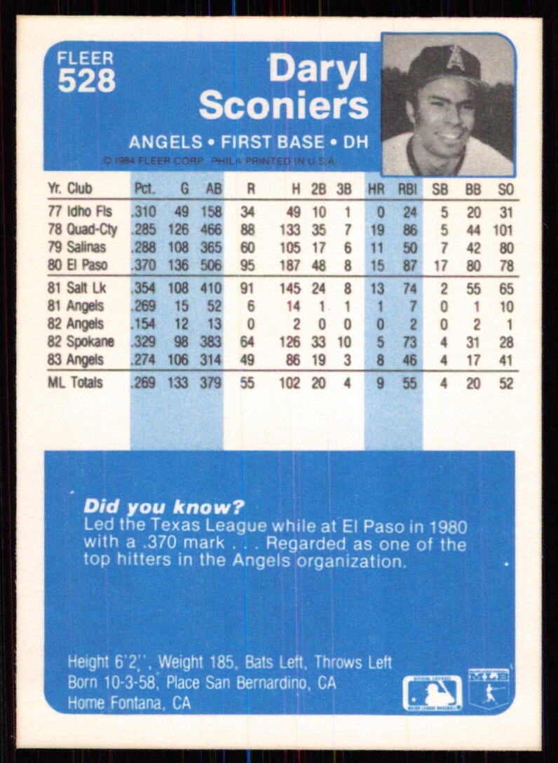 1984 Fleer Daryl Sconiers California Angels #528 | eBay