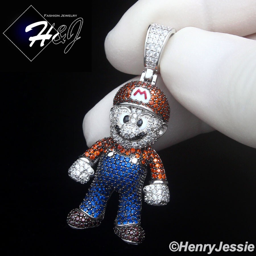 925 STERLING SILVER ICY CZ GOLD PLATED/SILVER HIPHOP 3D SUPER MARIO ...