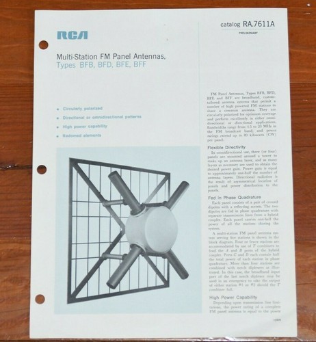 Vintage RCA FM Panel Antenna Spec Advertising Sheet BFB BFD BFE BFF | eBay