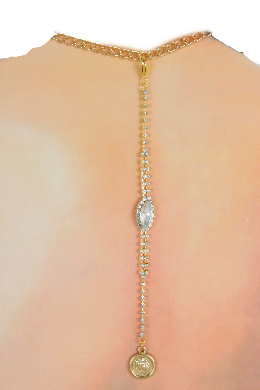 Women Fashion Open Back Necklace Gold Metal Chain Links Bling Coin ...