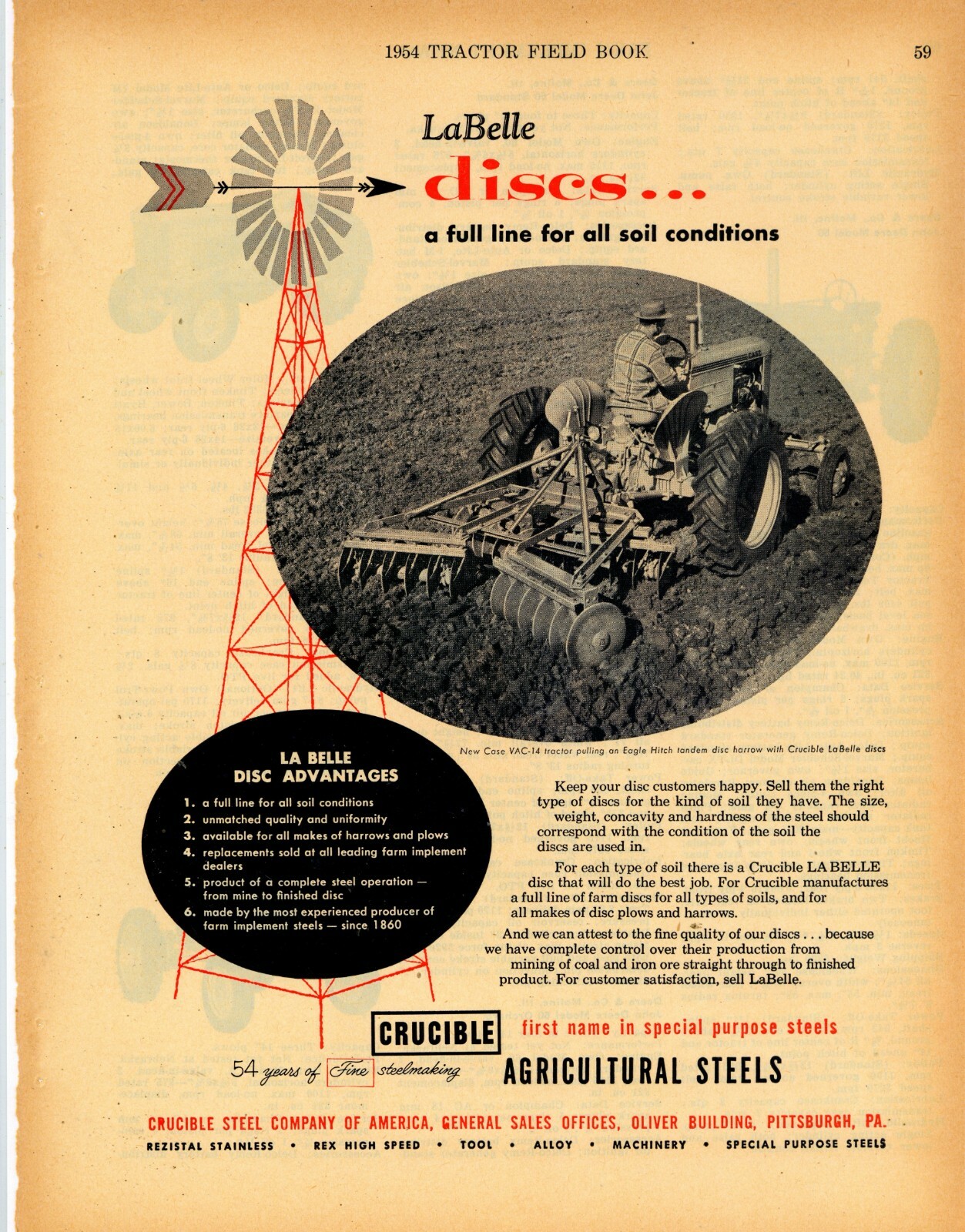 1954 LaBelle Discs/Crucible Ad: Shown on Case VAC-14 Tractor, Eagle ...