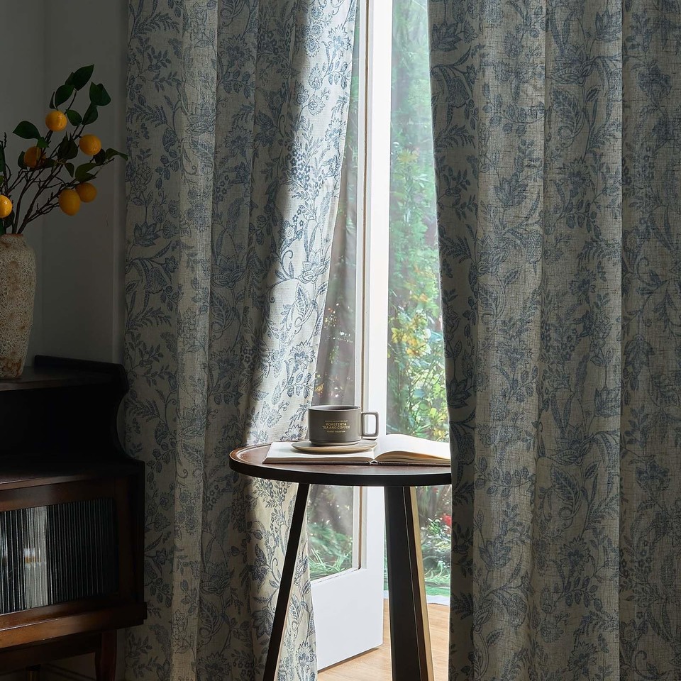 Blue Floral Lined Curtains Farmhouse Linen 84 Inches Length Back Tab ...