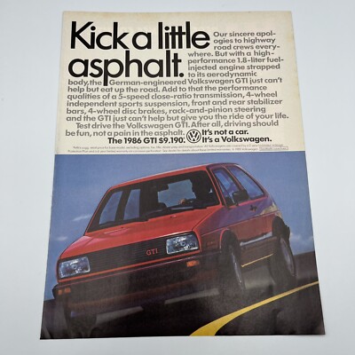 1985 Volkswagen GTI Vintage Print Ad 8"x11" kick a little asphalt red ...
