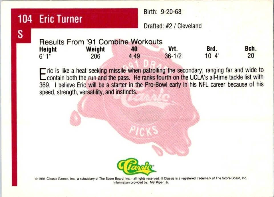 1991 Draft Picks Eric Turner UCLA Classic Sports Trading Card Number ...