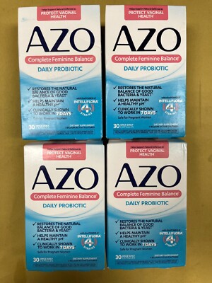 4 New AZO Complete Feminine Balance Daily Probiotic - 30 Capsules Each ...